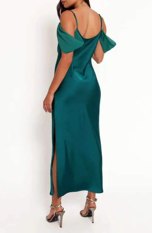 Petal & Pup Reyna Off-The-Shoulder Satin Maxi Dress - Emerald Green |  Editorialist