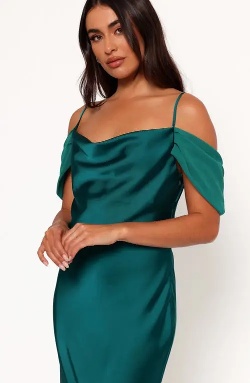 Petal & Pup Reyna Off-The-Shoulder Satin Maxi Dress - Emerald Green |  Editorialist