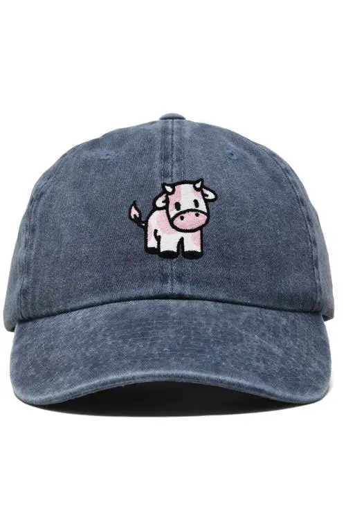 DALIX Strawberry Cow Embroidered Cap - Washed Navy Blue