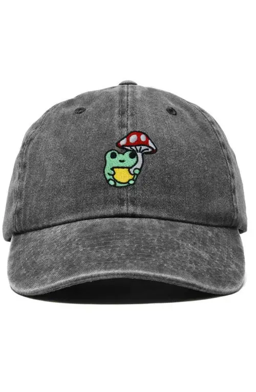 DALIX Mushroom Frog Embroidered Baseball Cap - Washed Black