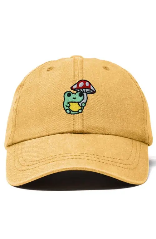 DALIX Mushroom Frog Embroidered Baseball Cap - Washed Gold