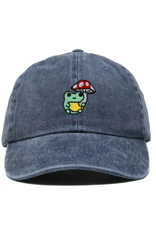 DALIX Mushroom Frog Embroidered Baseball Cap - Washed Navy Blue