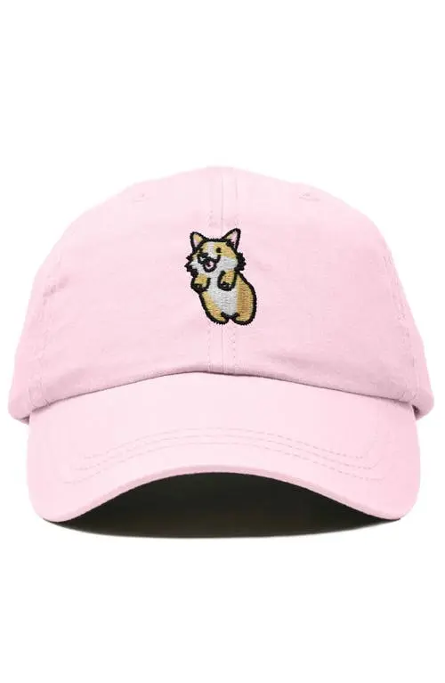 DALIX Leaping Corgi Embroidered Cap - Washed Pink