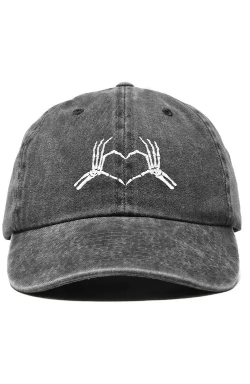 DALIX Skeleton Heart Embroidered Cap - Washed Black
