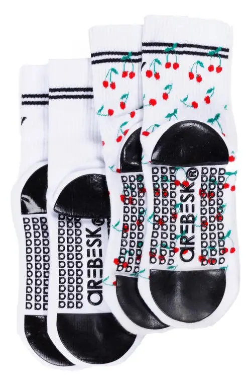 AREBESK Classic Crew Grip Socks 2 Pack - White/ Cherry