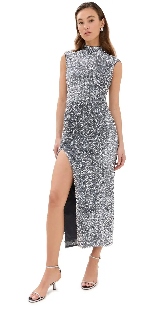 Bardot Kelso Velvet Sequin Maxi Dress In Silver 70% Off