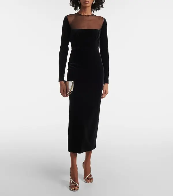 Alex Perry Velvet Sheer Neck Midi Dress