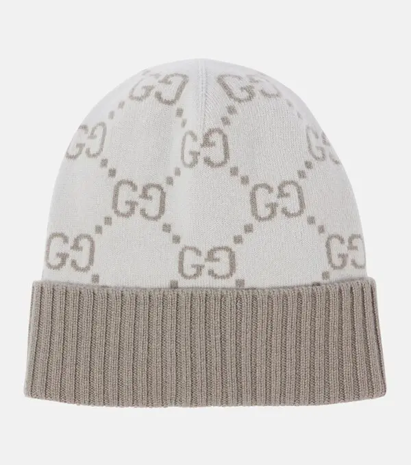 Gucci Gg Cashmere Jacquard Beanie - Grey