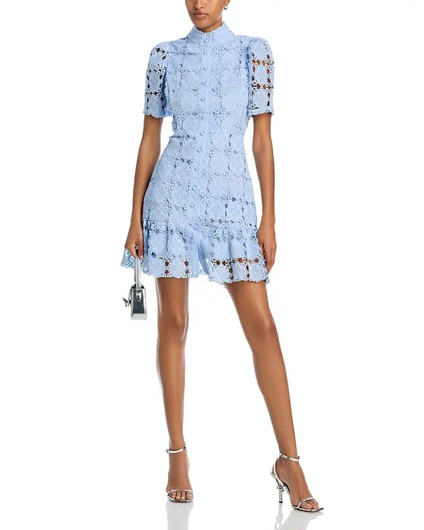 Aqua Floral Lace Mock Neck Mini Dress - Ice Blue