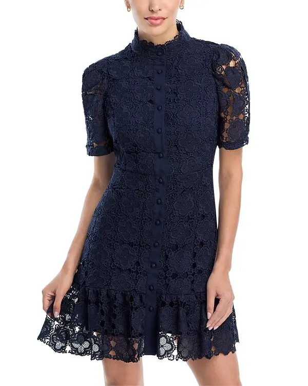 Aqua Floral Lace Mock Neck Mini Dress - Navy