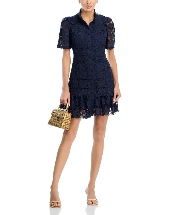Aqua Floral Lace Mock Neck Mini Dress - Navy