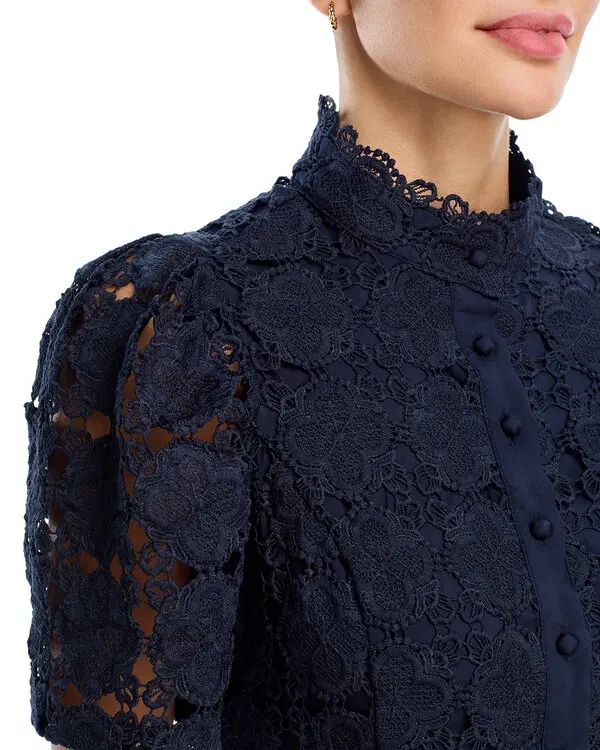Aqua Floral Lace Mock Neck Mini Dress - Navy