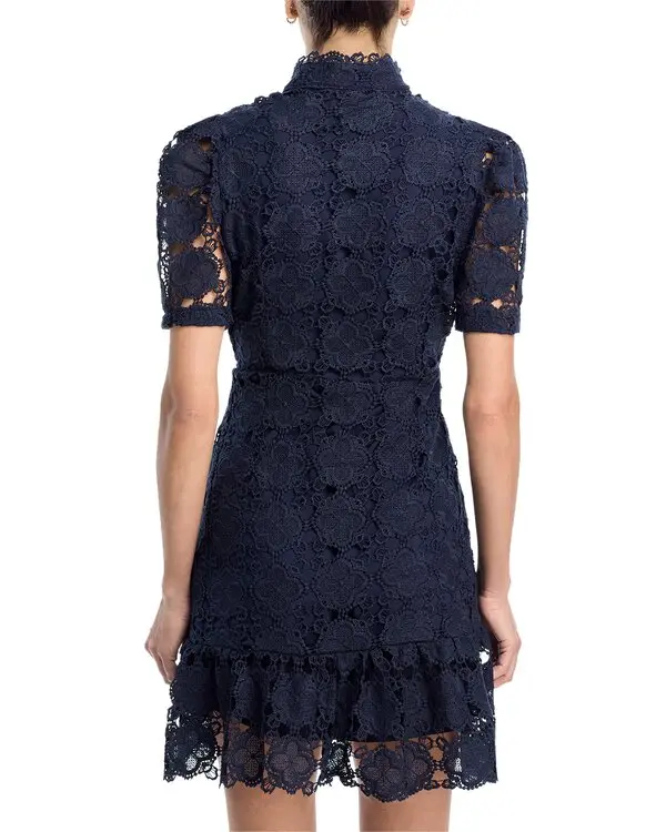 Aqua Floral Lace Mock Neck Mini Dress - Navy