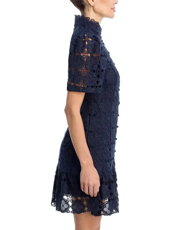 Aqua Floral Lace Mock Neck Mini Dress - Navy