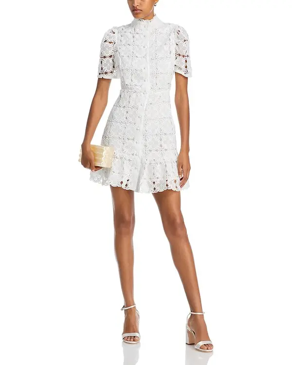 Aqua Floral Lace Mock Neck Mini Dress - White