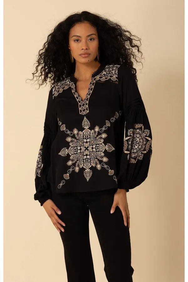 Hale Bob Elliott Embroidered Twill Blouse - Black