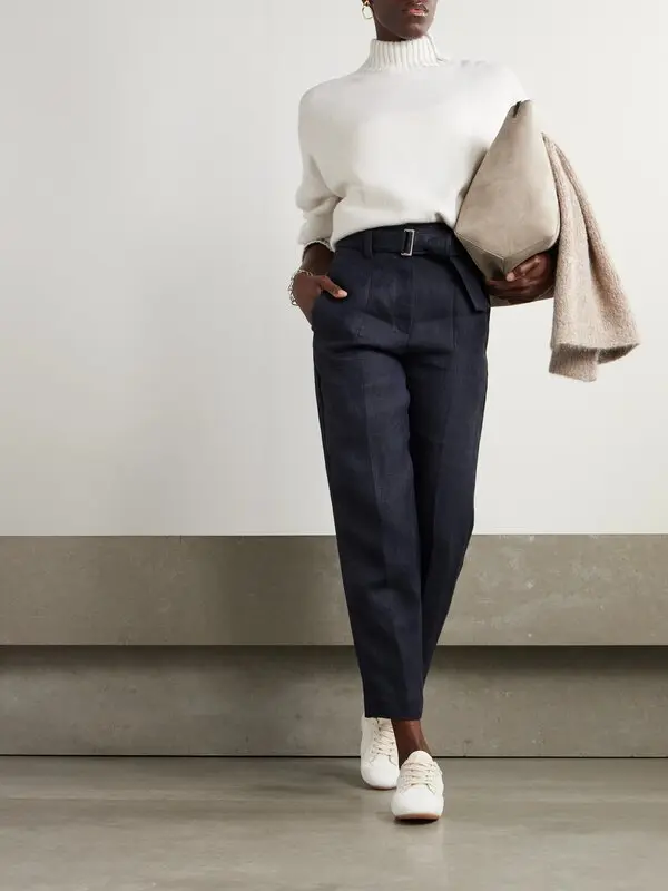 Brunello Cucinelli Belted Cropped Linen-twill Pants