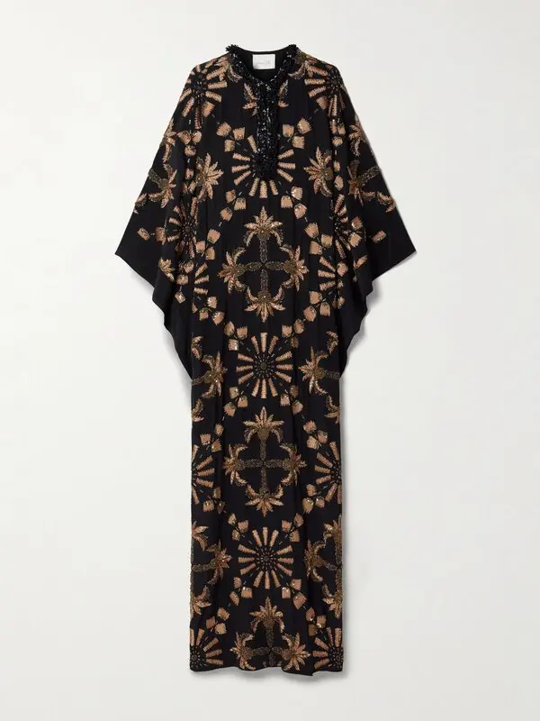 Johanna Ortiz Golden Hour Embellished Embroidered Silk Crepe De Chine Maxi Dress - Black