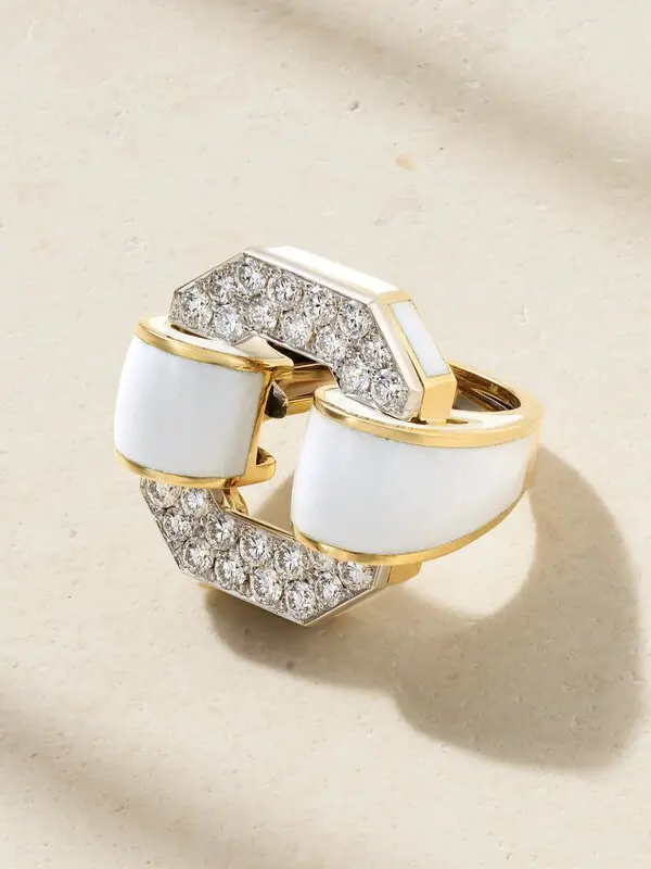 David Webb Small Octagonal Buckle 18-karat Gold, Platinum, Enamel And Diamond Ring - White