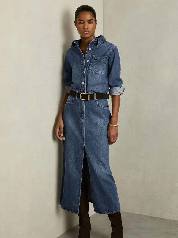 REISS Terra Petite Denim Midi Dress