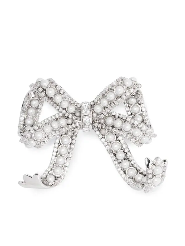 SELF-PORTRAIT Crystal-embellished Bow Brooch - Silver