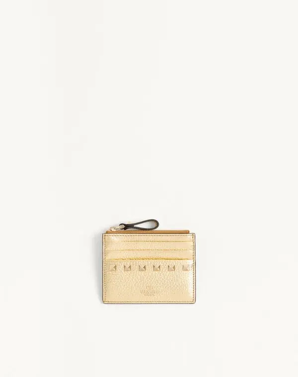 Valentino Garavani Rockstud Laminated Grainy Calfskin Card Holder With Zip - Antique Brass