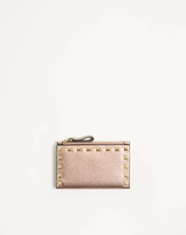 Valentino Garavani Rockstud Laminated Grainy Calfskin Card Holder With Zip - Rose Cannelle