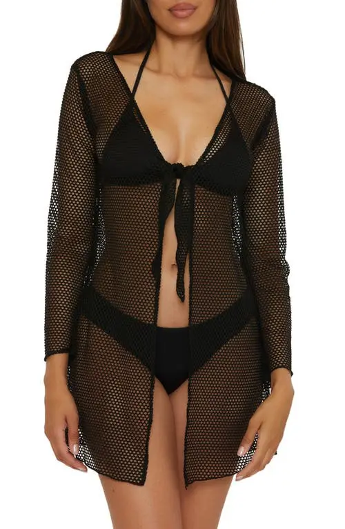 BECCA By Rebecca Virtue Tie Front Long Sleeve Sheer Mesh Cover-up - Black
