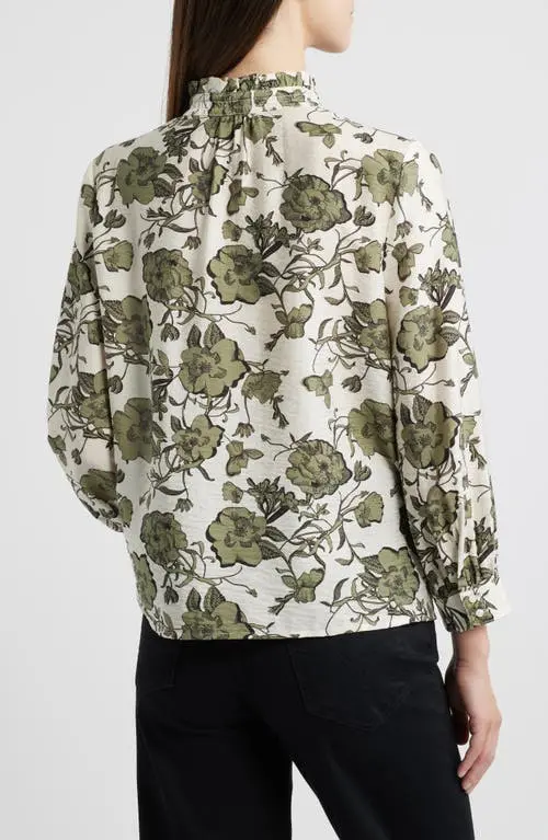 Caslon Ruffle Collar Button-up Shirt - Ivory- Green Small Floral