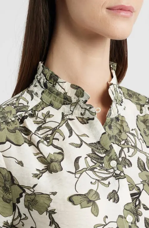 Caslon Ruffle Collar Button-up Shirt - Ivory- Green Small Floral