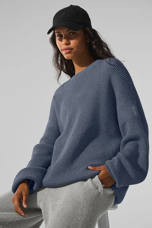 Alo Yoga Domain Rib Knit Crewneck Sweater Top - Bluestone