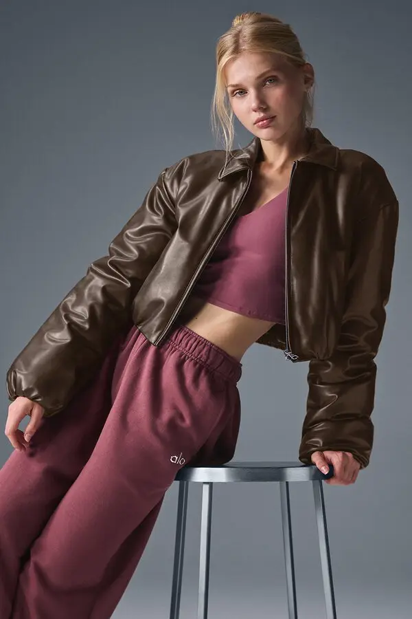 Alo Yoga Faux Leather Cropped Bomber Jacket - Espresso