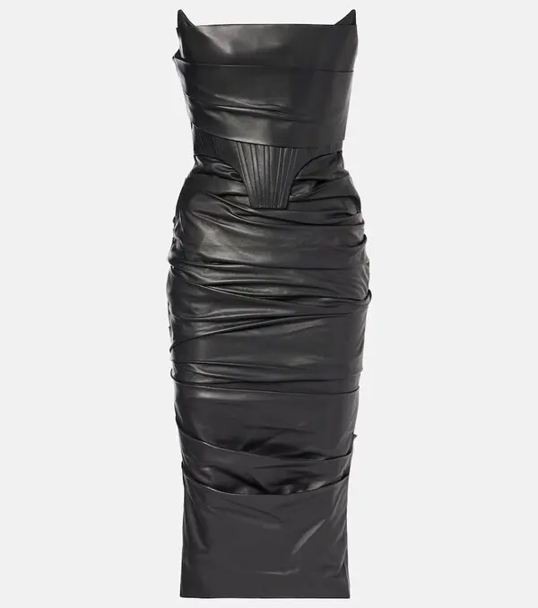 Alex Perry Ruched Leather Midi Dress - Black