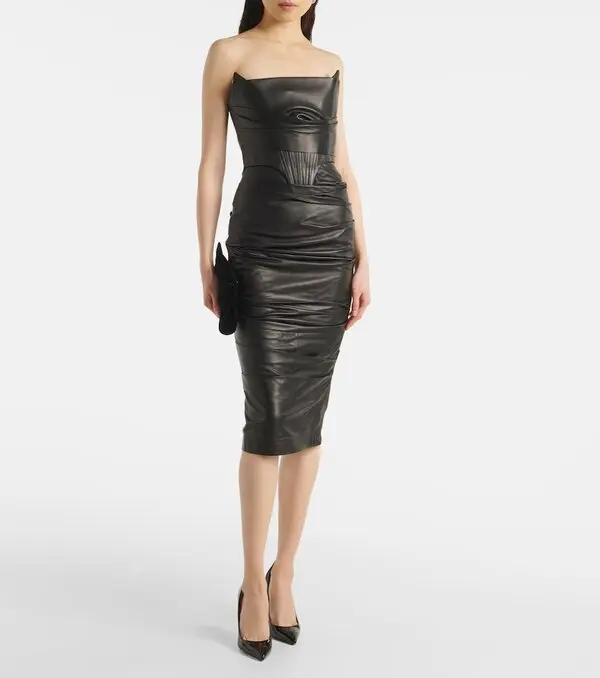 Alex Perry Ruched Leather Midi Dress