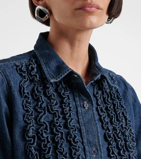 NILI LOTAN Lexa Ruffled Denim Shirt - Blue