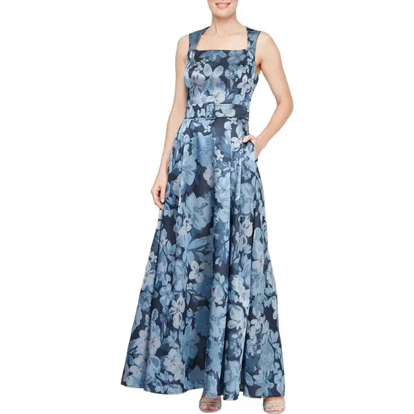 Alex Evenings Floral A-Line Gown - Blue/Multi