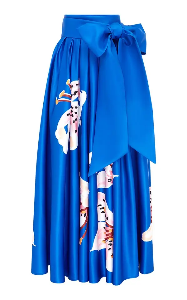 LEO LIN Valerie Floral Print Satin Maxi Skirt - Blue