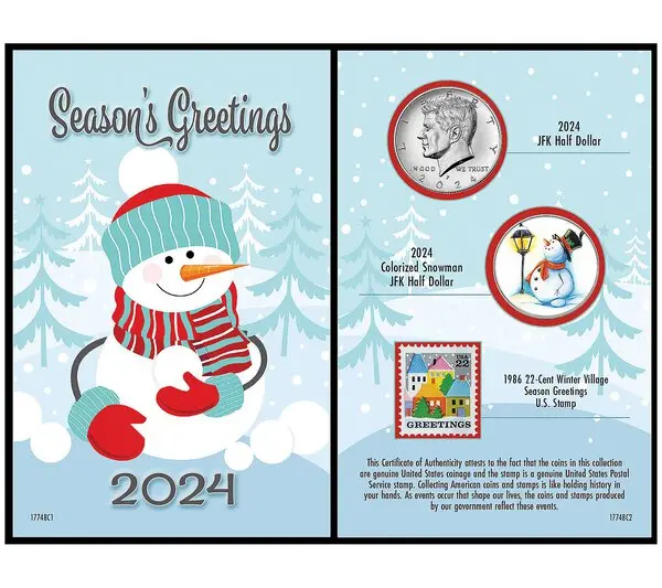 AMERICAN COIN TREASURES American Coin 2024 Snowman Coin And Stamp Jfk G Reeting Card - One-color
