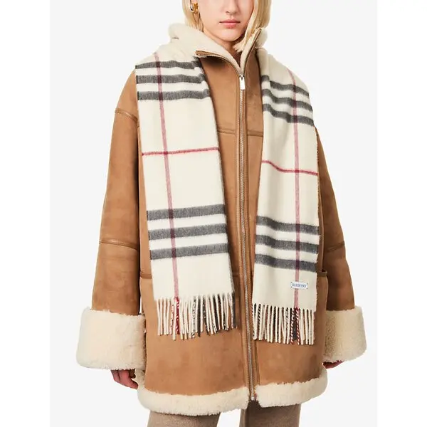 Burberry Check-print Fringed Cashmere Scarf - Stone