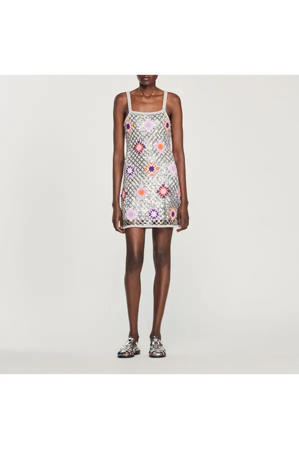 sandro silver dress Sandro Crochet And Sequin Dress In Silver - 60% Off