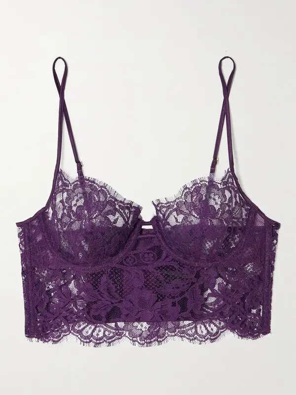 Kiki De Montparnasse Camille Stretch-silk Satin-trimmed Organic Cotton-blend Lace Underwired Bra - Purple