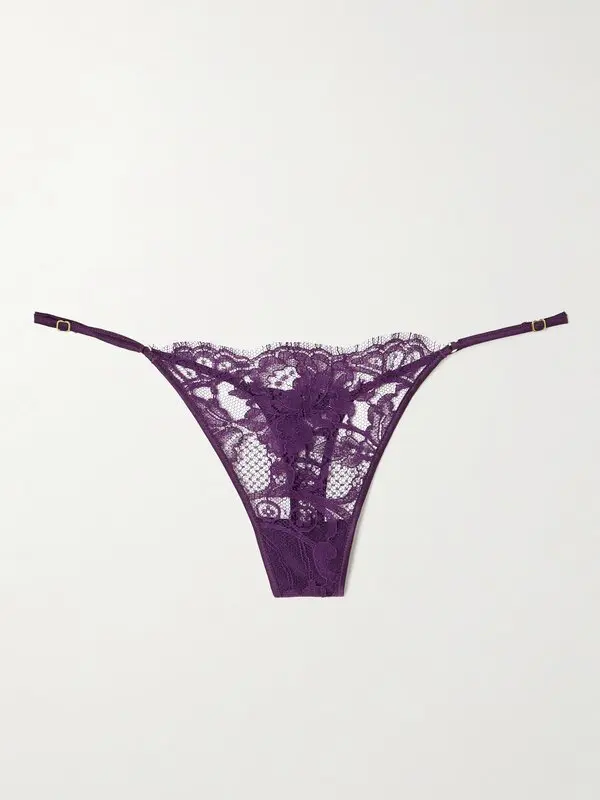 Kiki De Montparnasse Camille Stretch-silk Satin-trimmed Organic Cotton-lace Thong - Purple