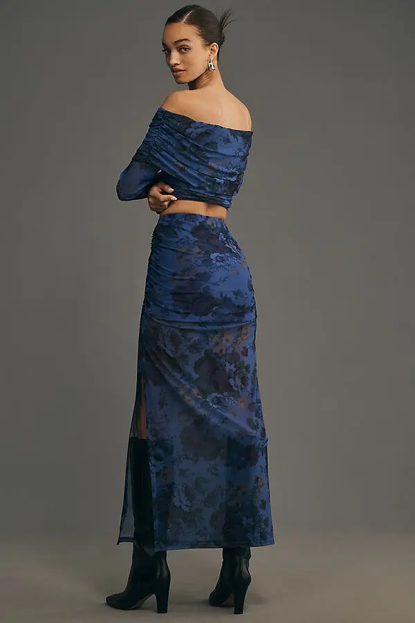 Maeve Fitted Ruched Mesh Maxi Skirt - Blue