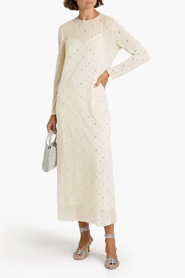 Tibi Cutout Glittered Mesh Midi Dress - Ecru