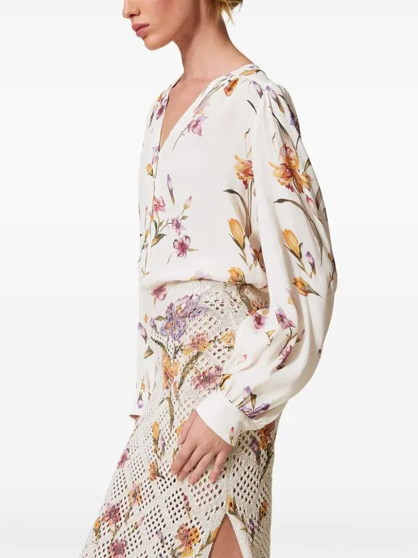 TWINSET Floral-print Crepe De Chine Shirt - White