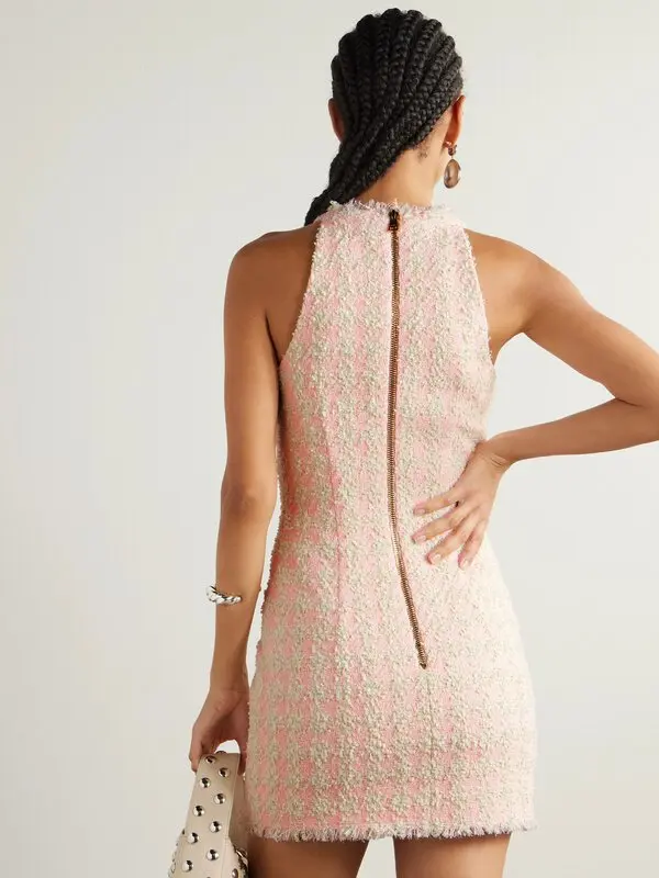 Balmain Frayed Checked Tweed Mini Dress