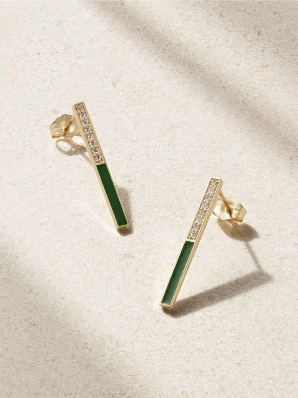Alison Lou Medium Linear 14-karat Gold, Diamond And Enamel Earrings - Green