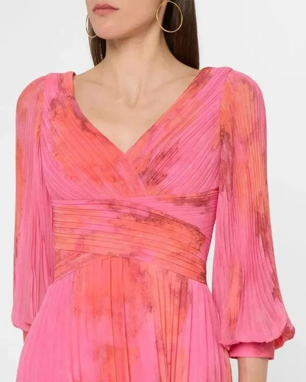 Rickie Freeman For Teri Jon Pleated Abstract-print Chiffon Midi Dress - Pink Multi