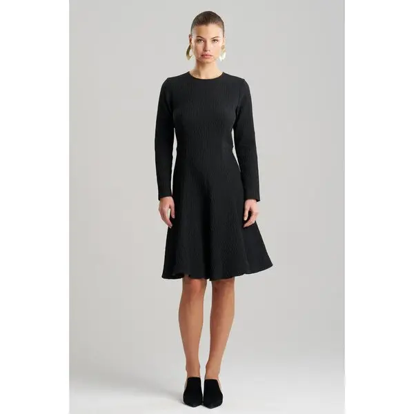 Natori Textured Cotton Jacquard Fluted Hem Midi Dress - Black