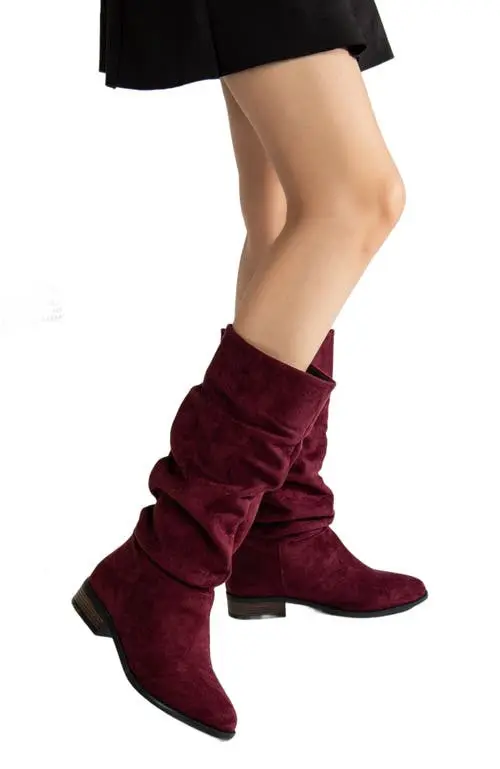 FOREVER & ALWAYS SHOES Maribel Knee High Slouch Boots - Burgundy Suede